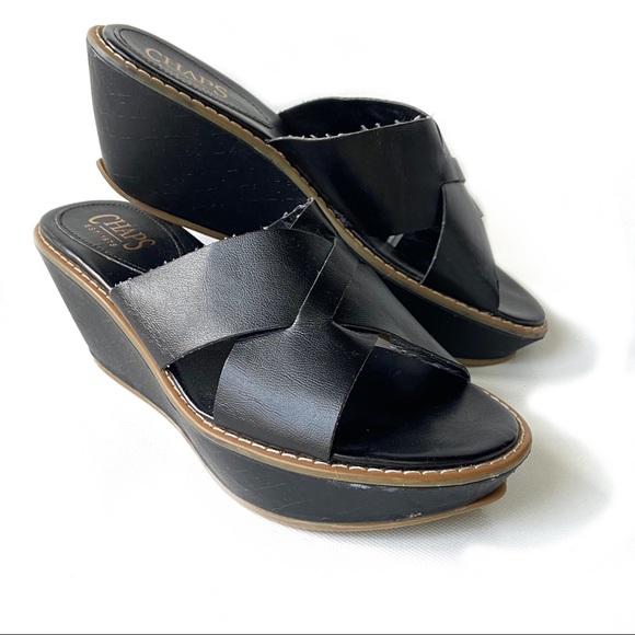 Chaps | Shoes | Chaps Black Leather Wedge Sandals | Poshmark